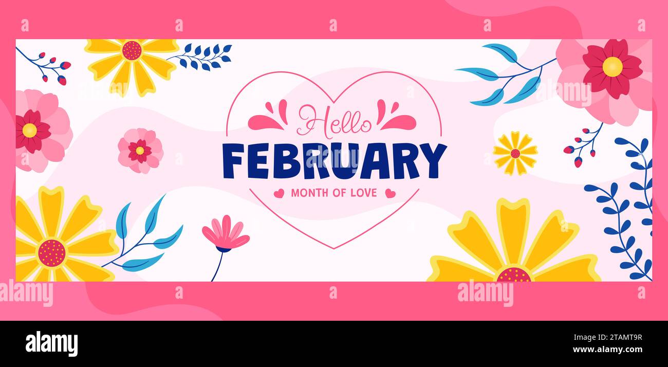 Hello February Cover Flat Cartoon Hand Drawn Templates Background ...