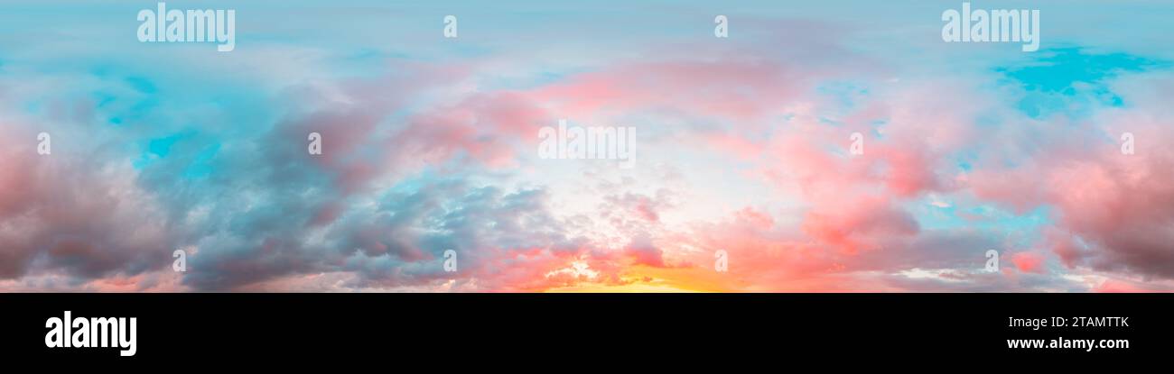 Sunset sky panorama with bright glowing pink Cumulus clouds. HDR 360 ...