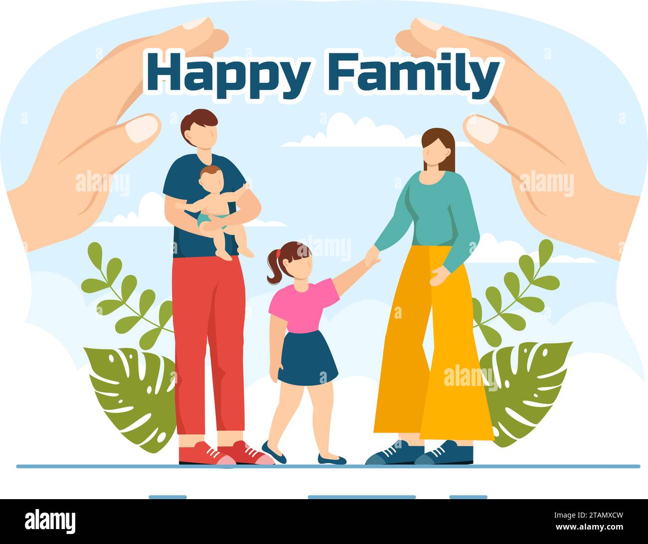 Happy Family Vector Illustration with Mom, Dad and Children Characters ...