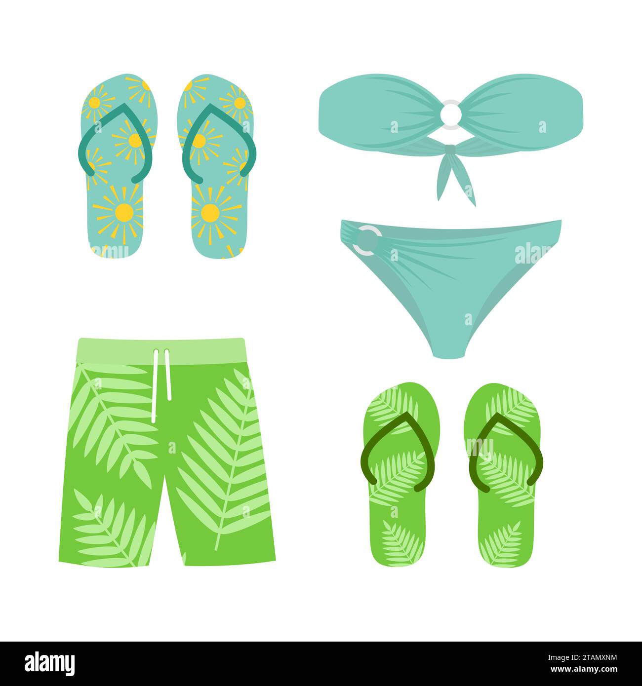 Collection of summer clothes for the beach. Swimsuit, shorts, summer ...