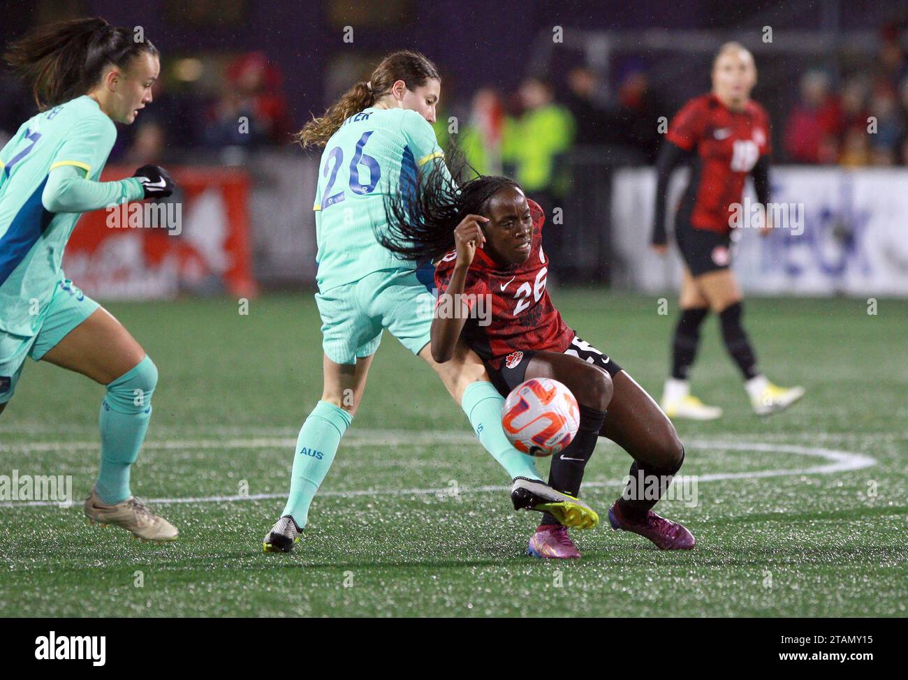 Langford, Can. 01st Dec, 2023. Canada's Simi Awujo, right, is blocked ...