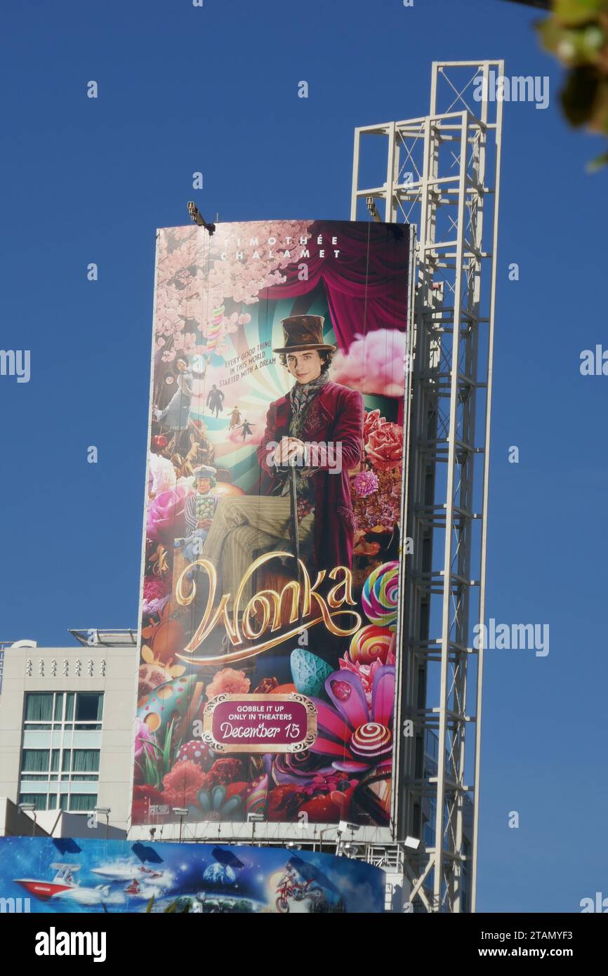 Los Angeles, California, USA 1st December 2023 Wonka Billboard with Timothee Chalamet on ...