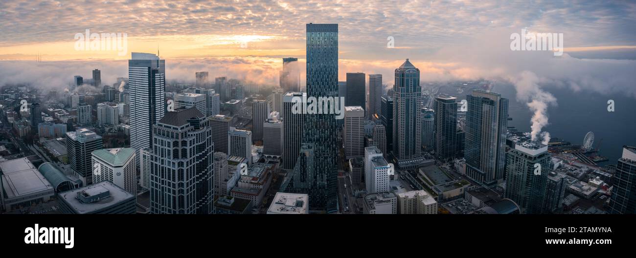 Drone photography of downtown city skyscraper buildings in American ...