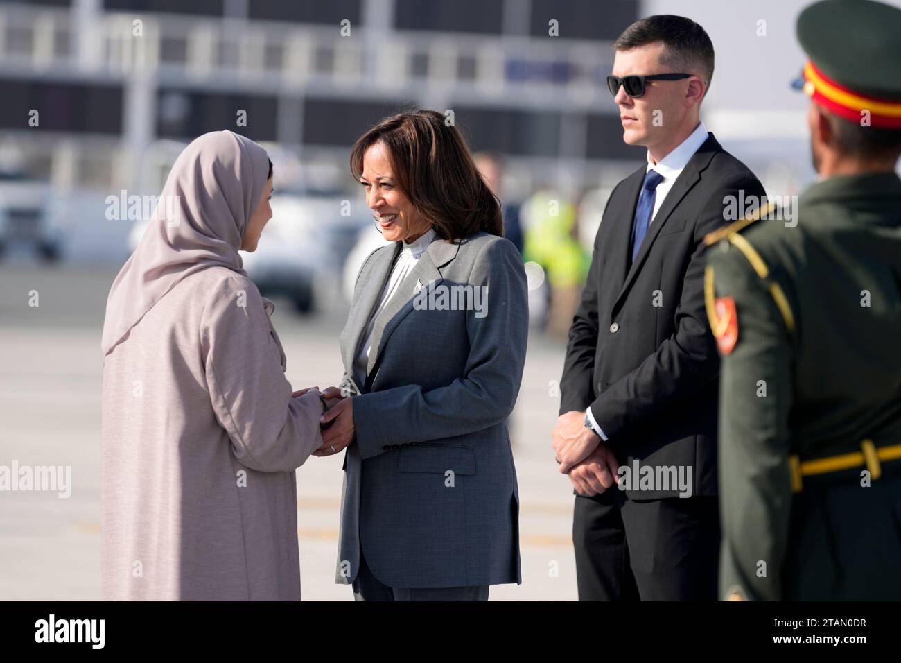 Vice President Kamala Harris, right, greets Sarah bint Yousef Al Amiri ...