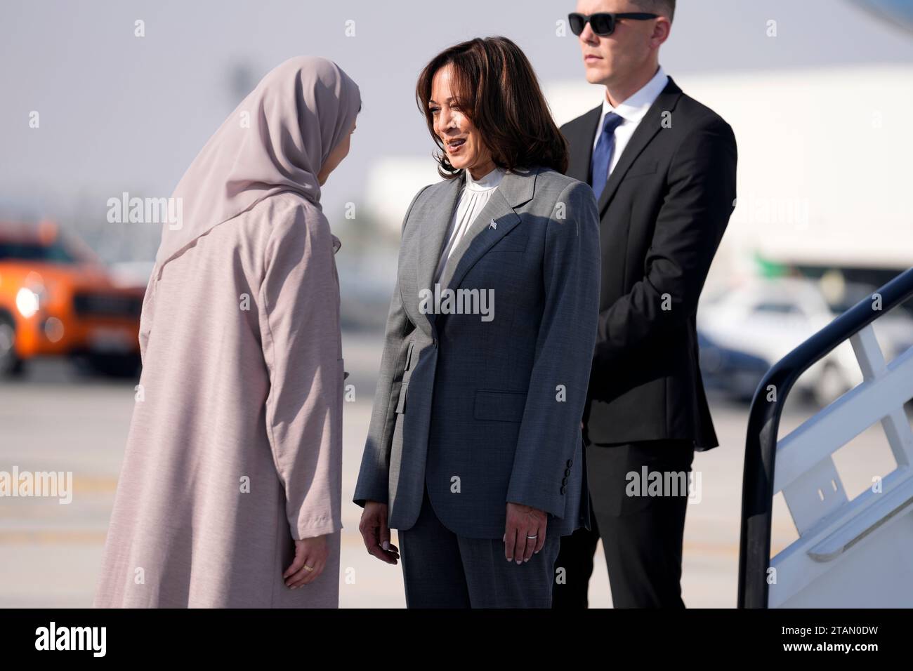 Vice President Kamala Harris, right, greets Sarah bint Yousef Al Amiri ...