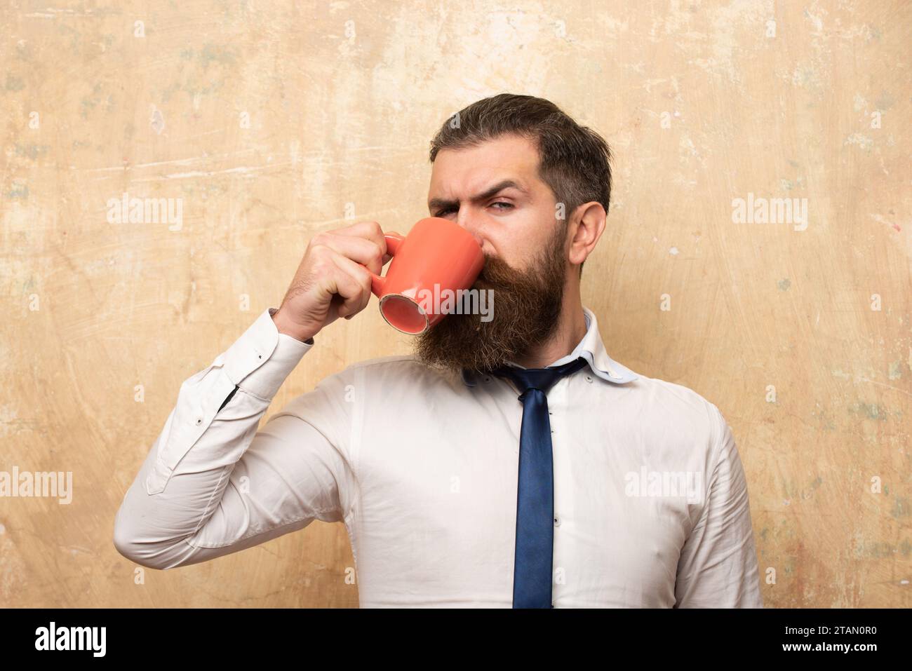 Happy morning. Mans drink cup of coffee. Morning tea. Good morning. Man ...