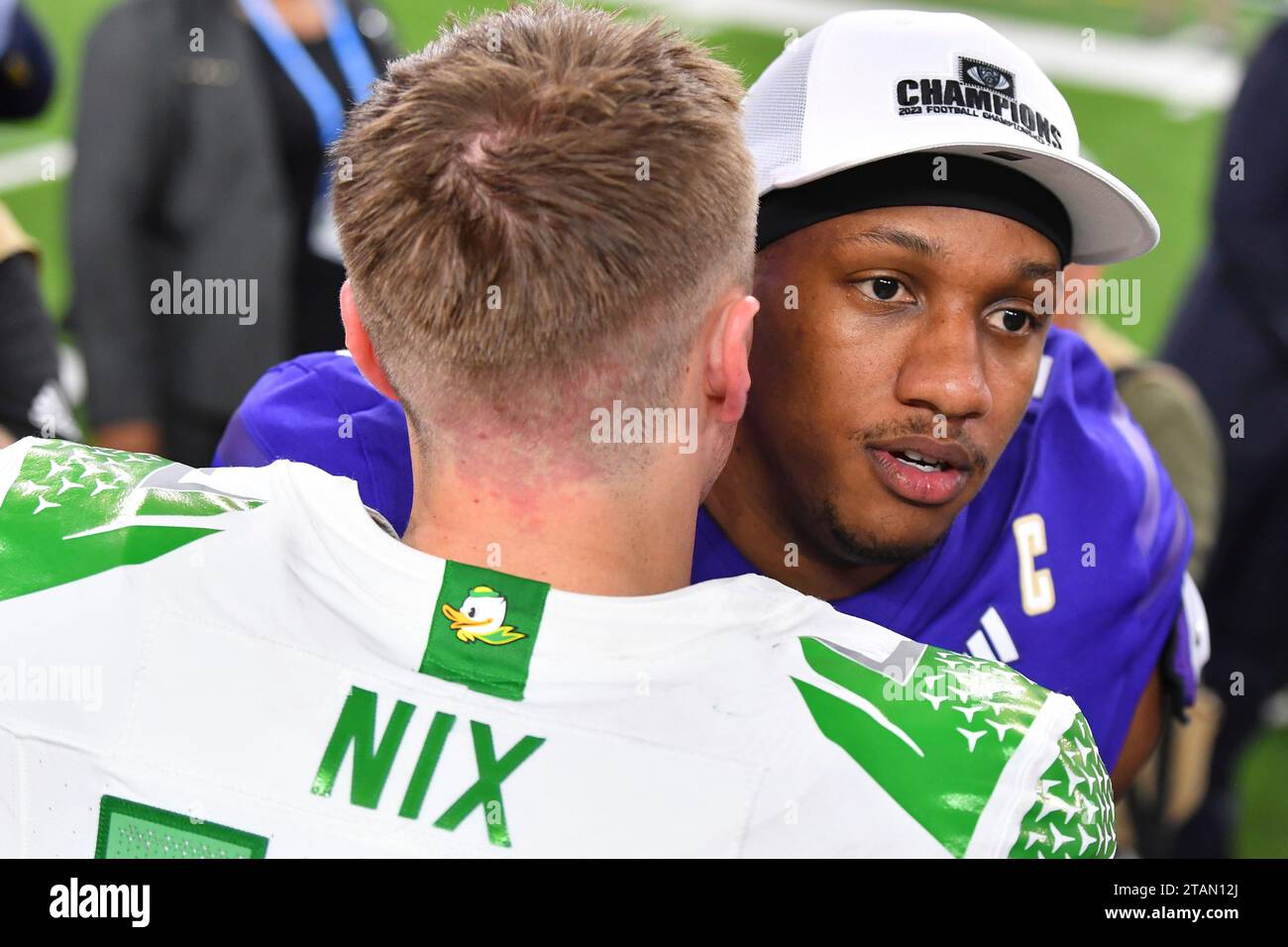 LAS VEGAS, NV - DECEMBER 01: Oregon Ducks quarterback Bo Nix (10) gives Washington Huskies ...