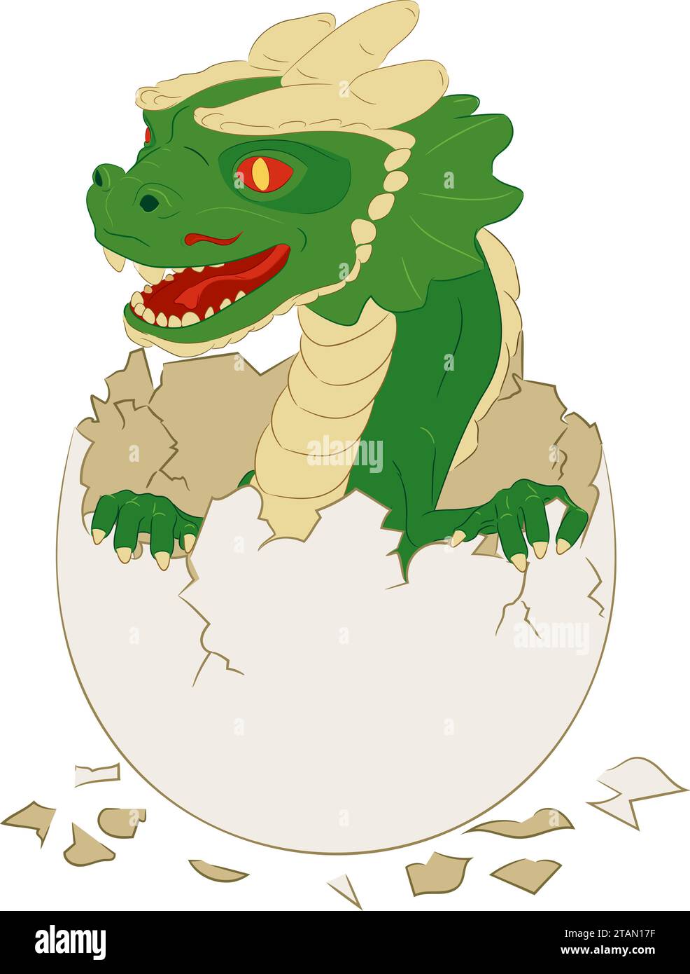 Hatched green wooden dragon with paws in egg. Vector illustration of a ...