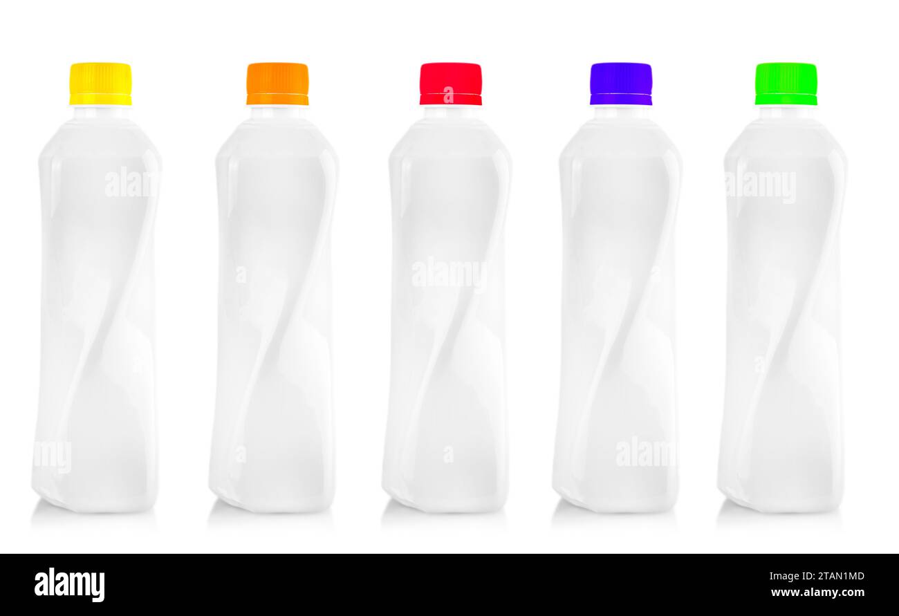 The set of White plastic detergent bottles with colored lid isolated on ...