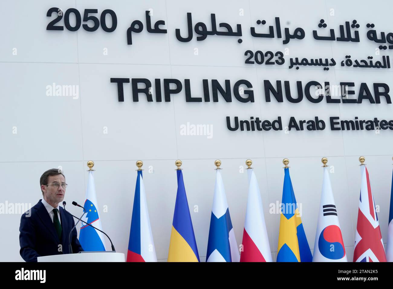 Sweden Prime Minister Ulf Kristersson speaks at an event in support of ...