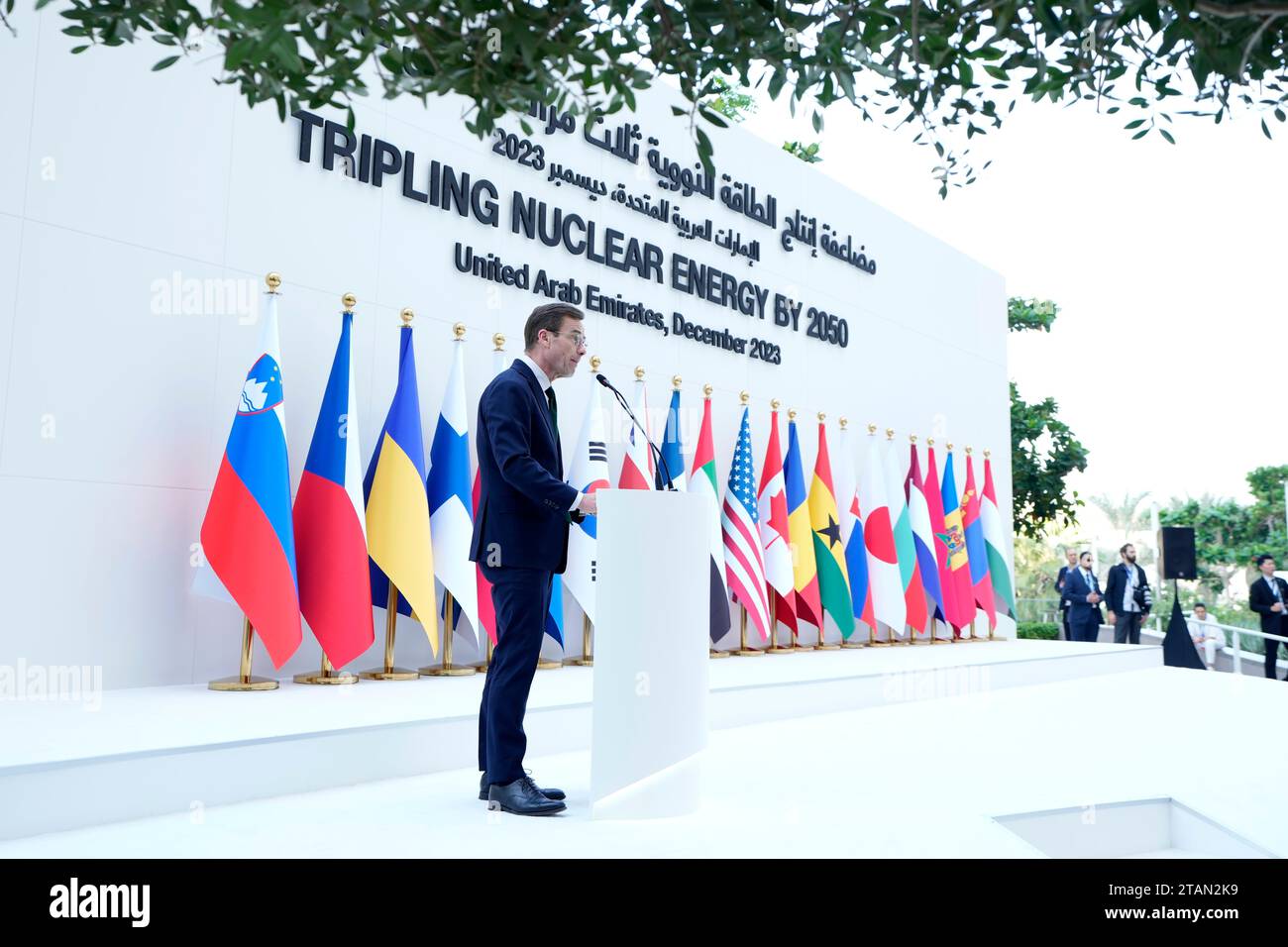Sweden Prime Minister Ulf Kristersson speaks at an event in support of ...