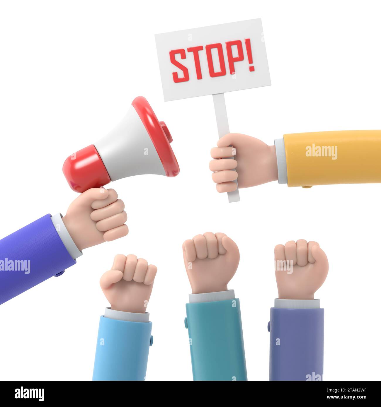 Cartoon hands of demonstrants and hand with Megaphone and stop sign ...