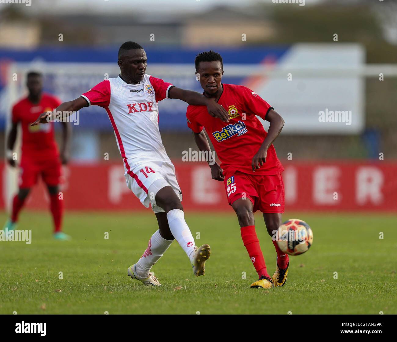 Ulinzi Stars Hillary Simiyu (left) tussle for the ball with Kenya Police Francis Kahata during ...