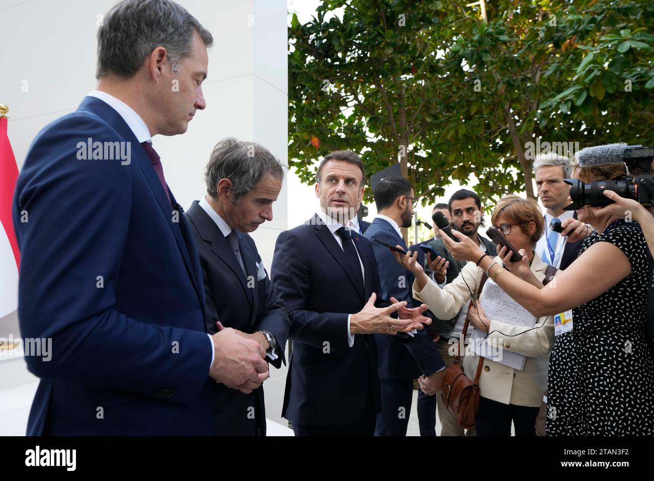 France President Emmanuel Macron speaks to the media after an event on ...