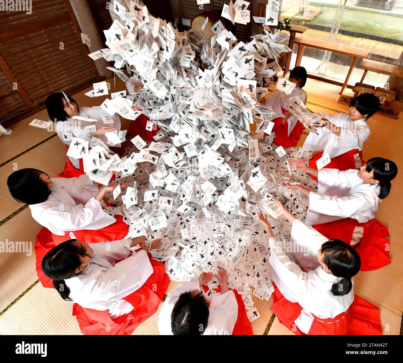 High school girl students, clad in Miko costumes as shrine maidens ...