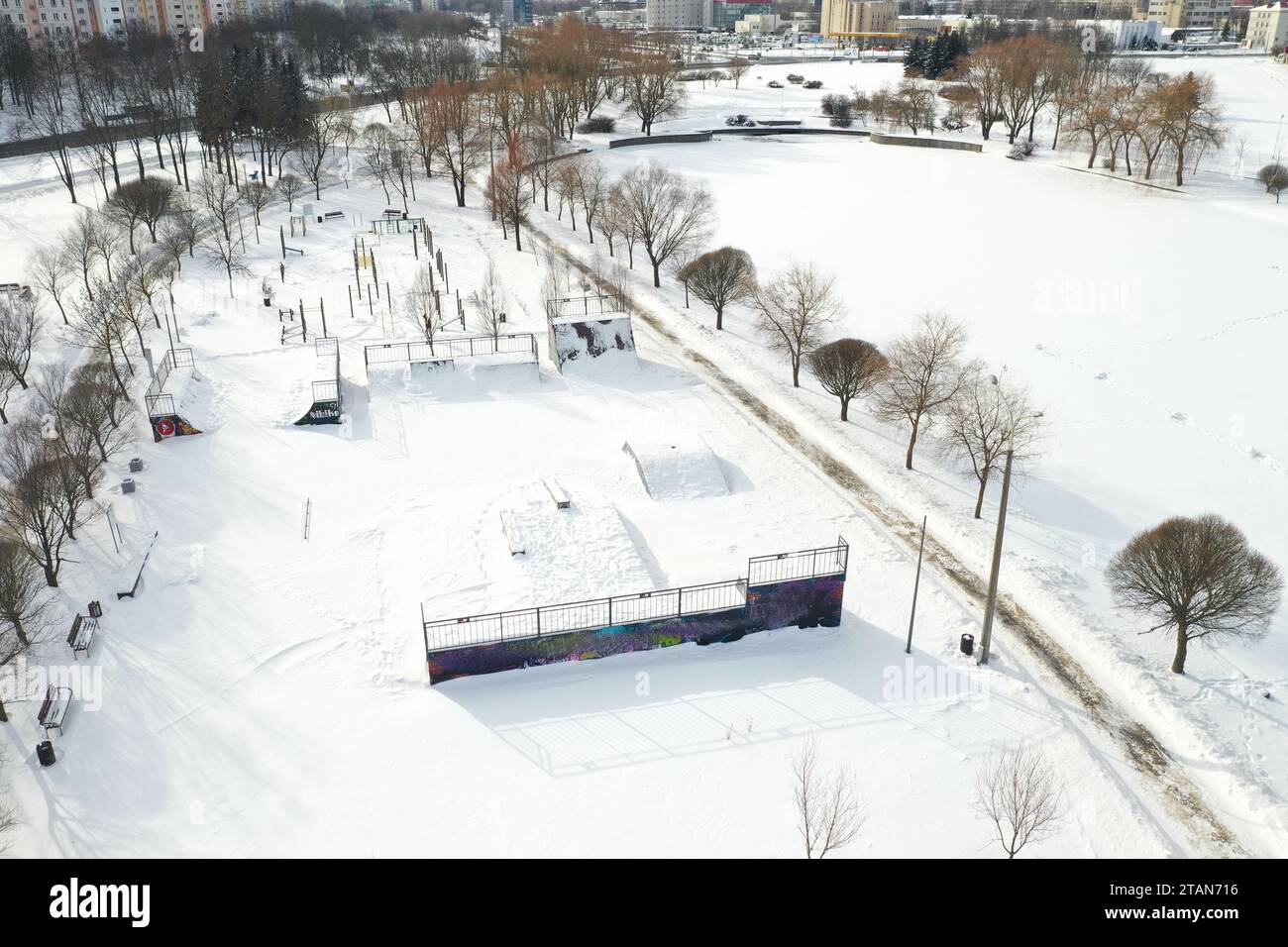 Top view of an empty sports field in a winter park. Infrastructure for ...
