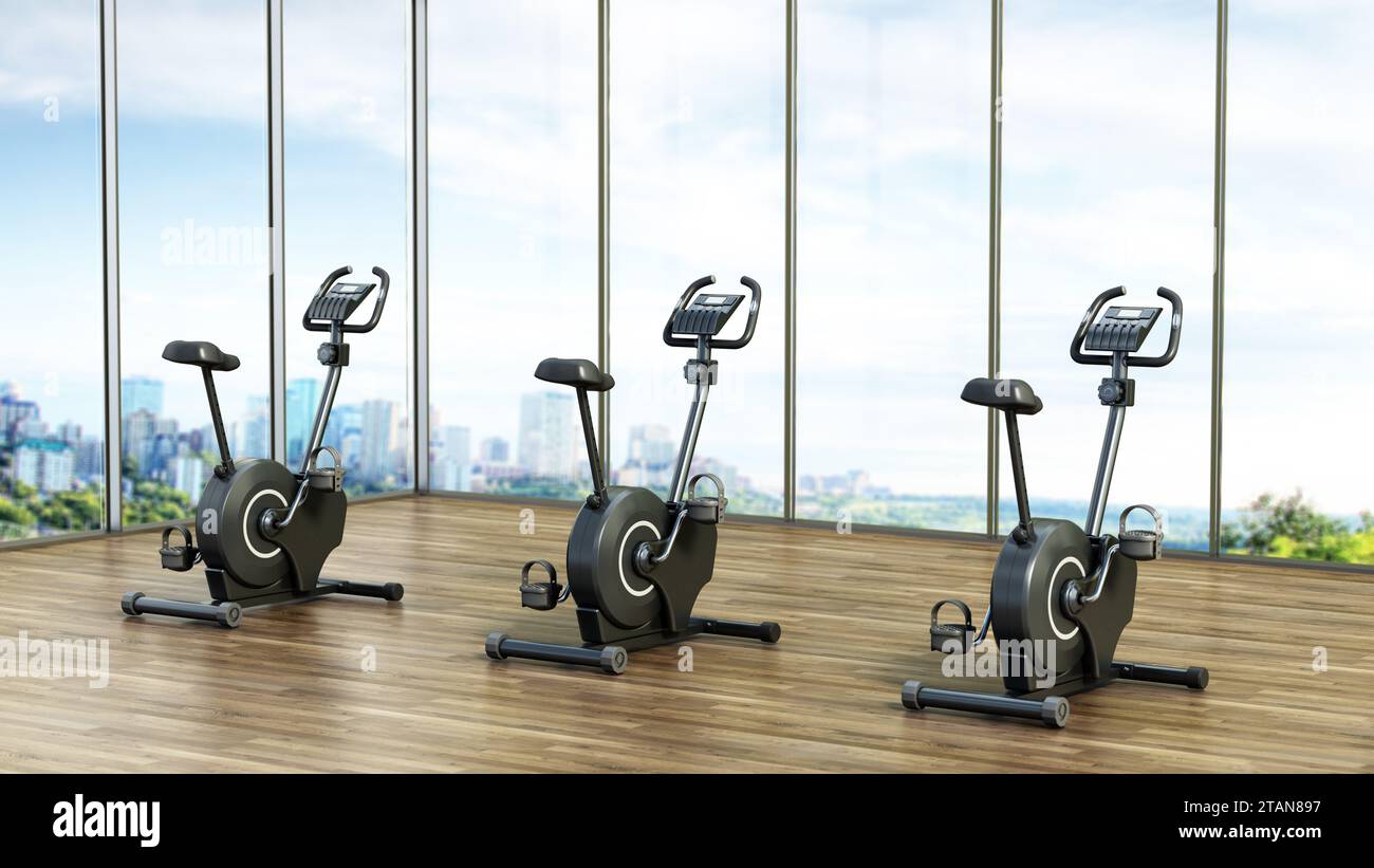 Exercise bikes standing in a row inside a gym. 3D illustration Stock ...