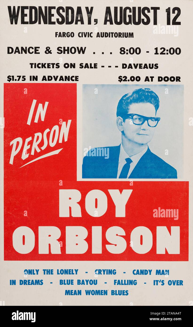 Roy Orbison In Person - Fargo Civic Auditorium Concert Poster (August ...