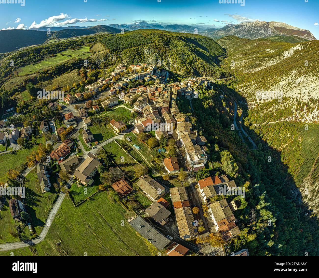 Aerial view of the mountain town of Cansano in the Maiella National ...