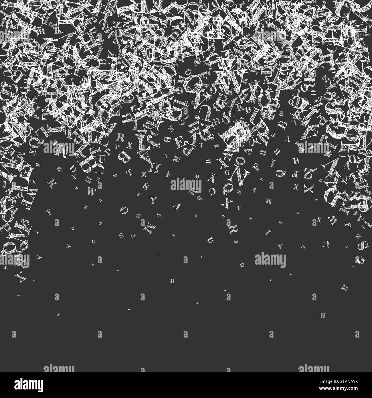 Falling letters of English language. White chalk characters of Latin ...