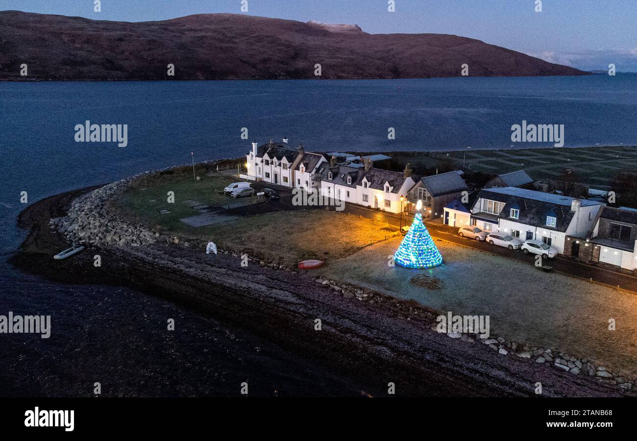 Christmas tree made of fishing creels on the harbour-side in Ullapool ...