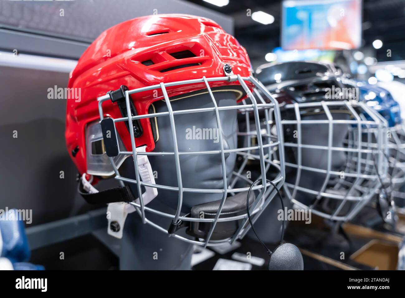 Two vibrant hockey helmets, one blue and one red, with clear visors ...