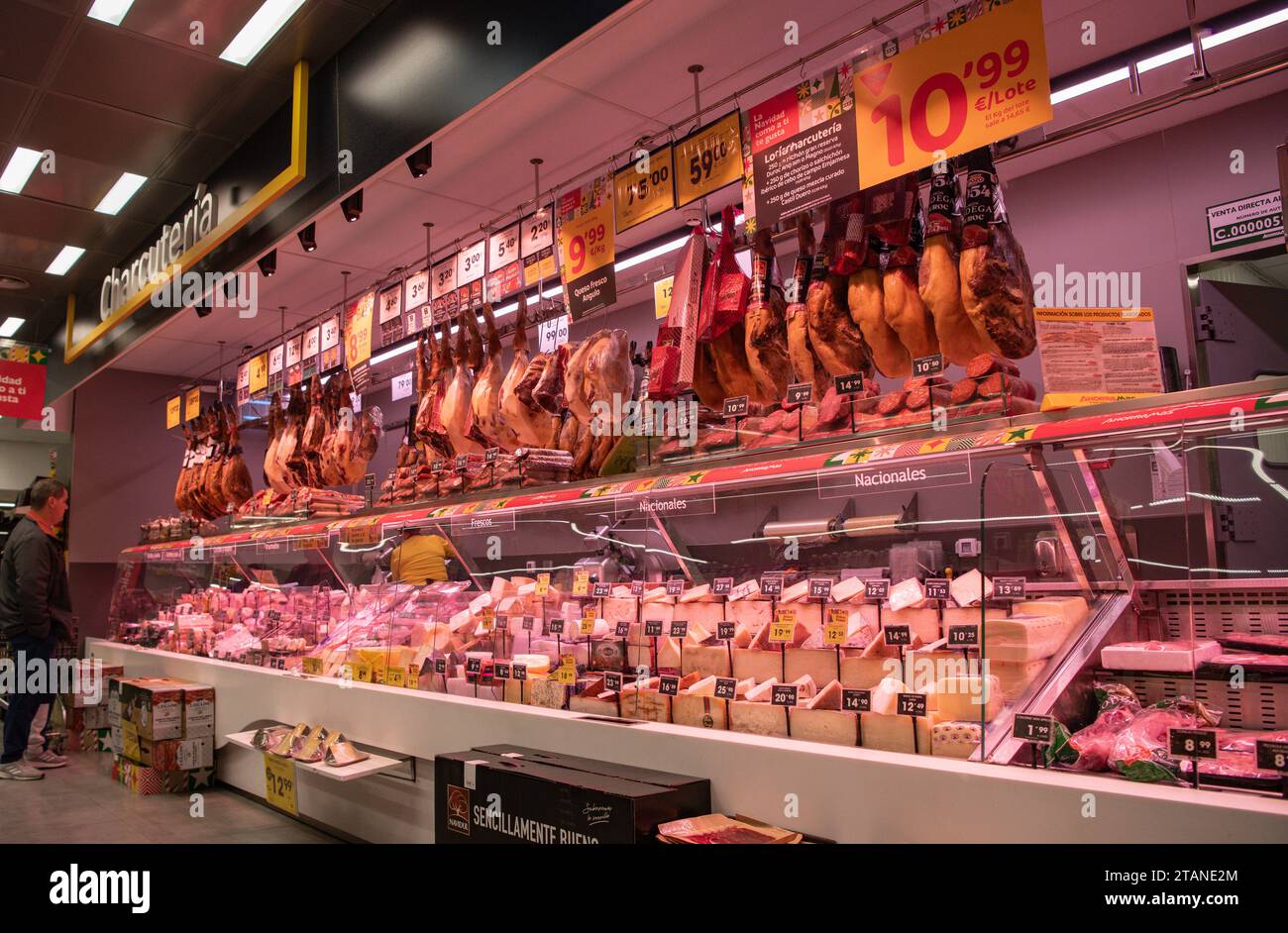 Madrid, Spain, Nov 18, 2023, Ham and charcuterie section in a Spanish ...