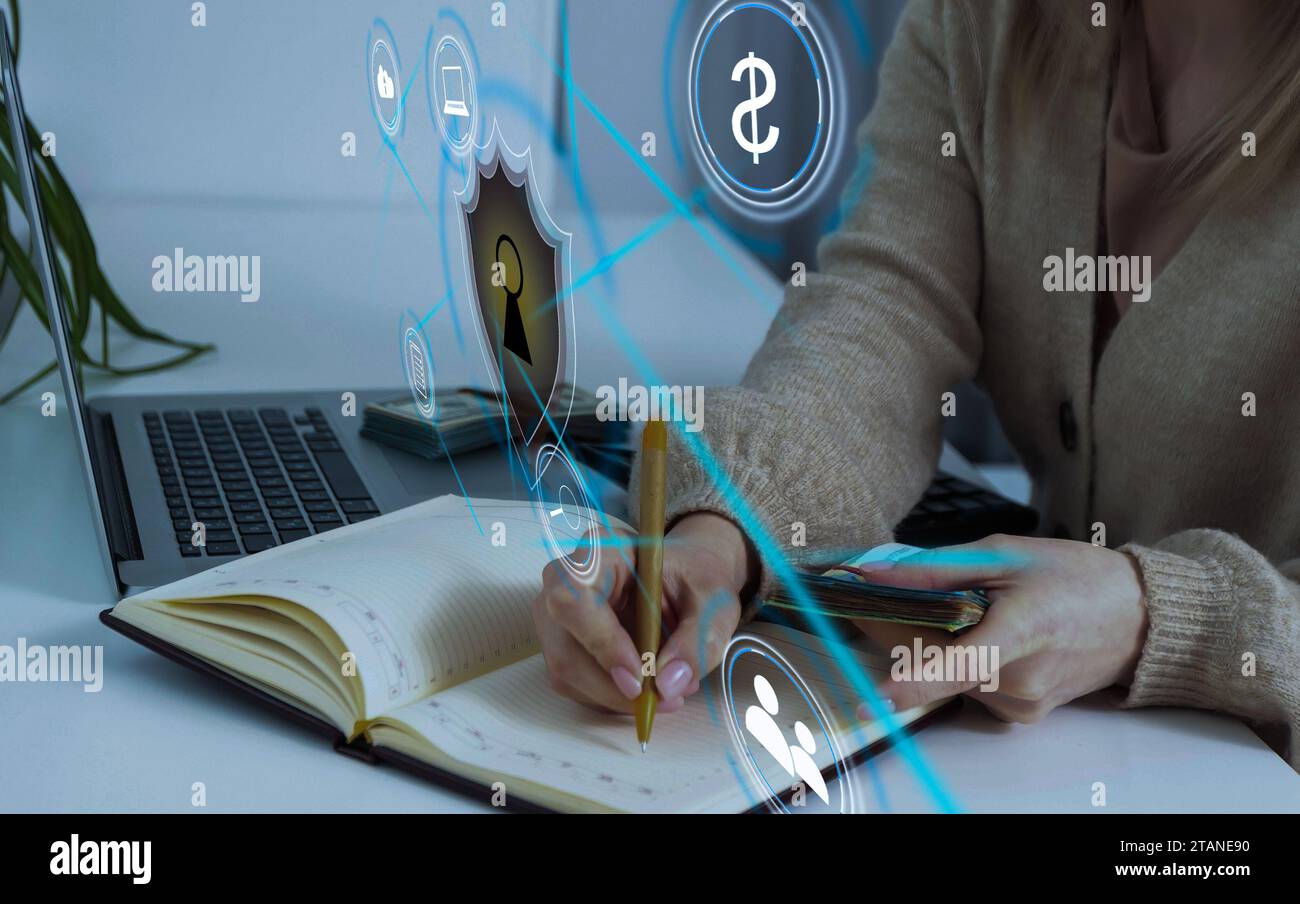 Cyber security concept, Person hand touching cyber security icon on ...