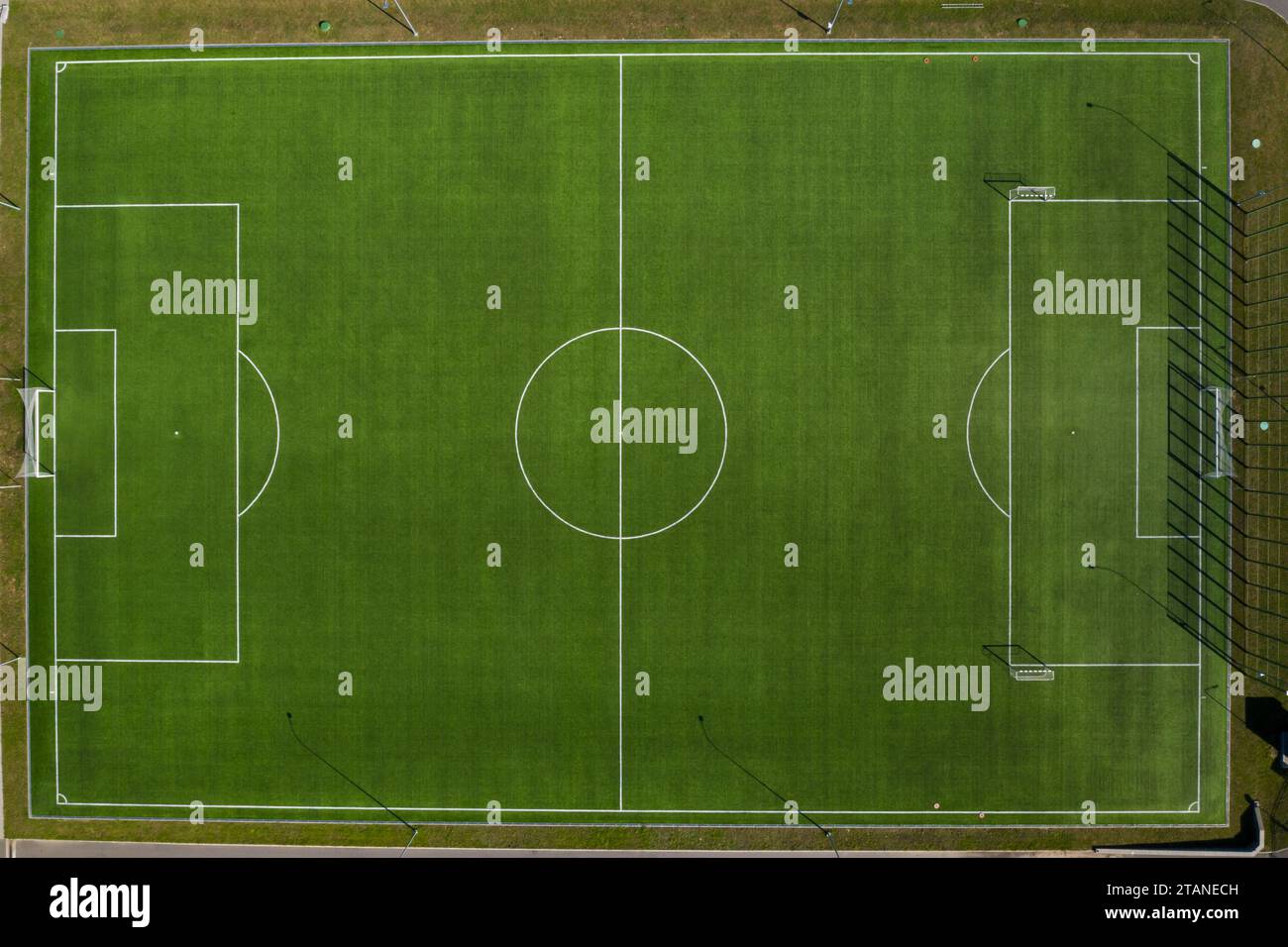 Top view of a football field with green grass outdoors in summer Stock ...