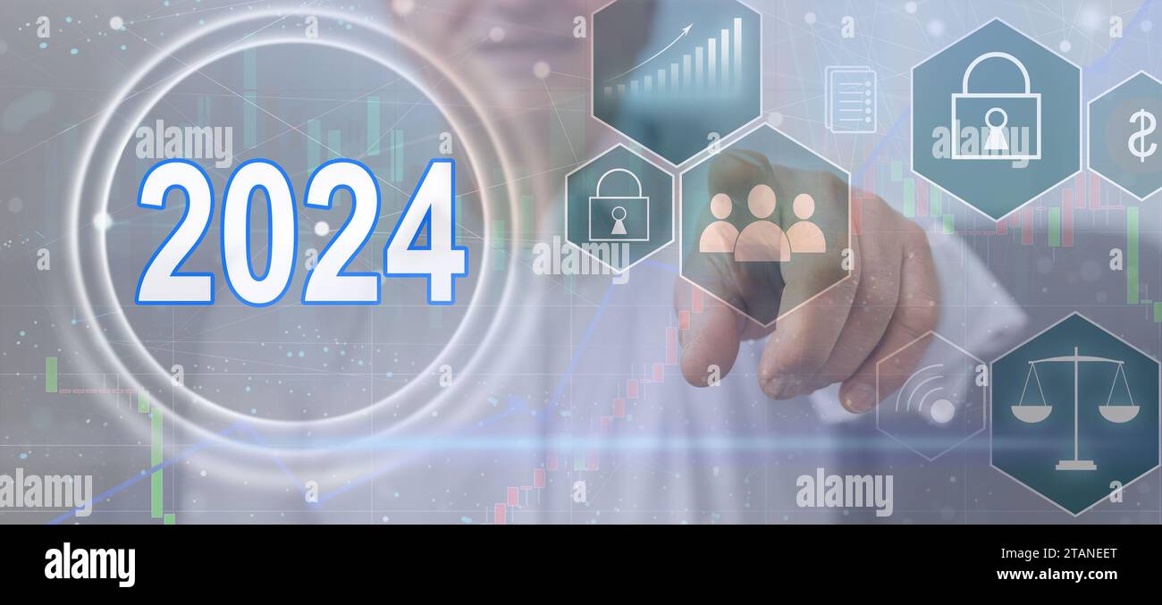 2024 calender year button on digital virtual screen blur background ...