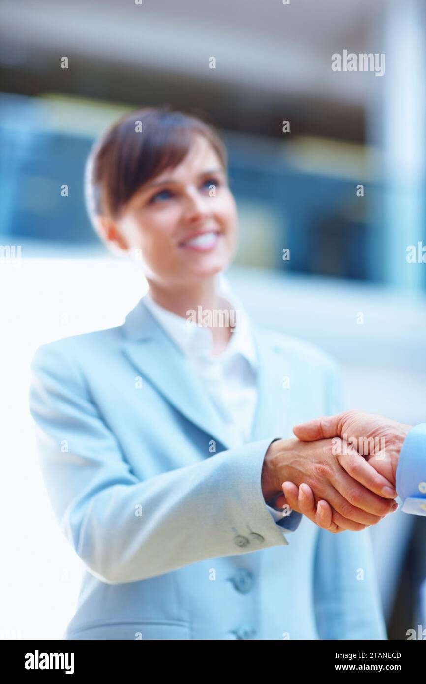 Business woman, handshake and happy for job interview, Human Resources ...