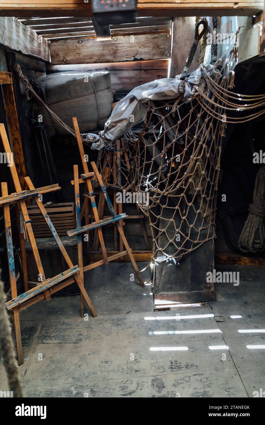 Hold of the antique pirate wooden ship Galleon Stock Photo - Alamy