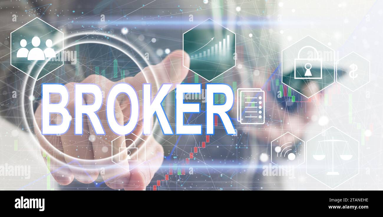 Broker button on virtual screen Stock Photo - Alamy