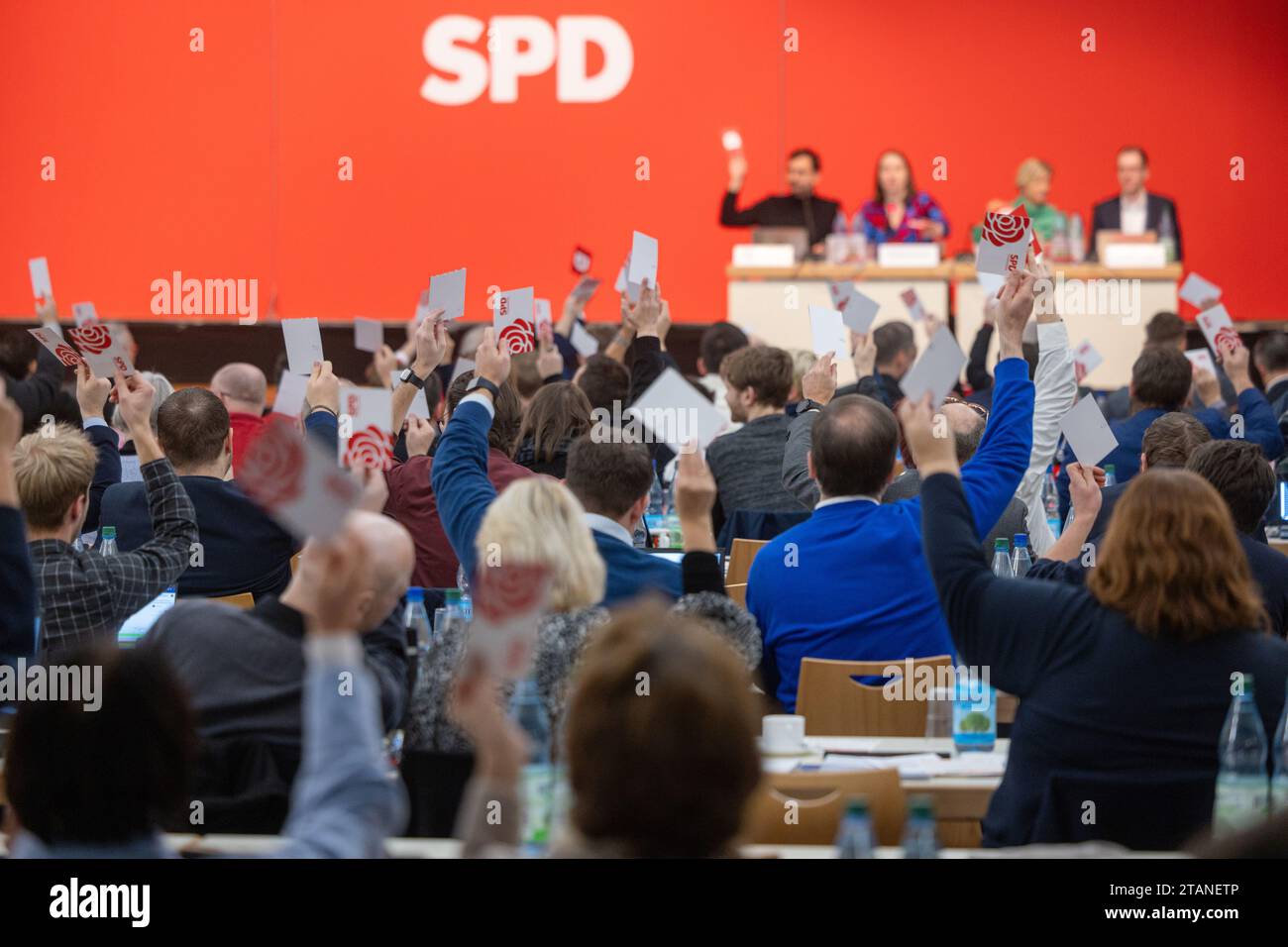 Meiningen, Germany. 02nd Dec, 2023. Delegates vote on the agenda at the ...