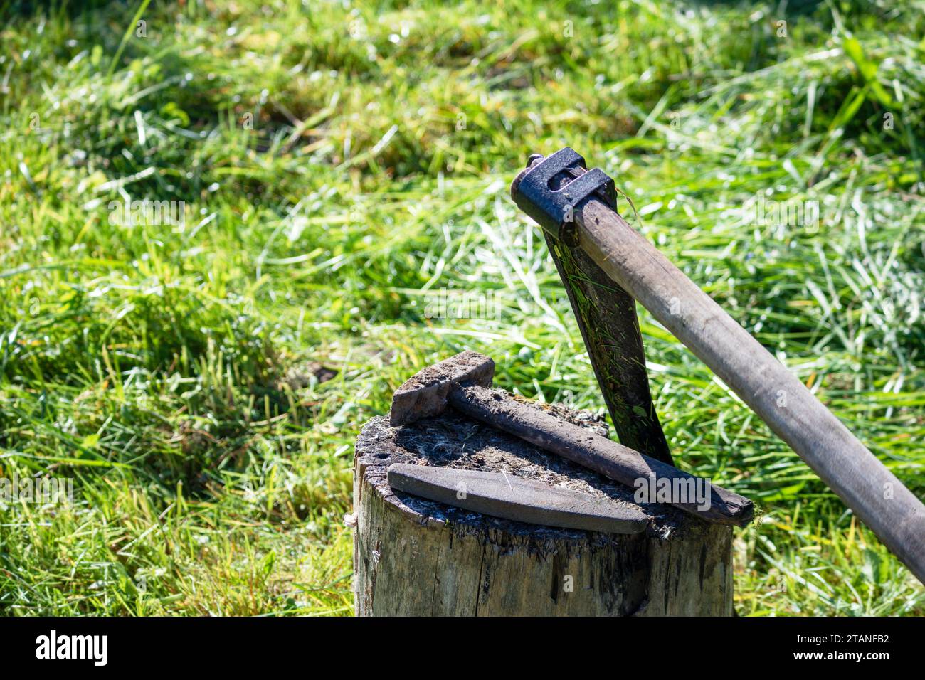 a scythe with a scythe bar and a hammer on a tree stump Stock Photo - Alamy
