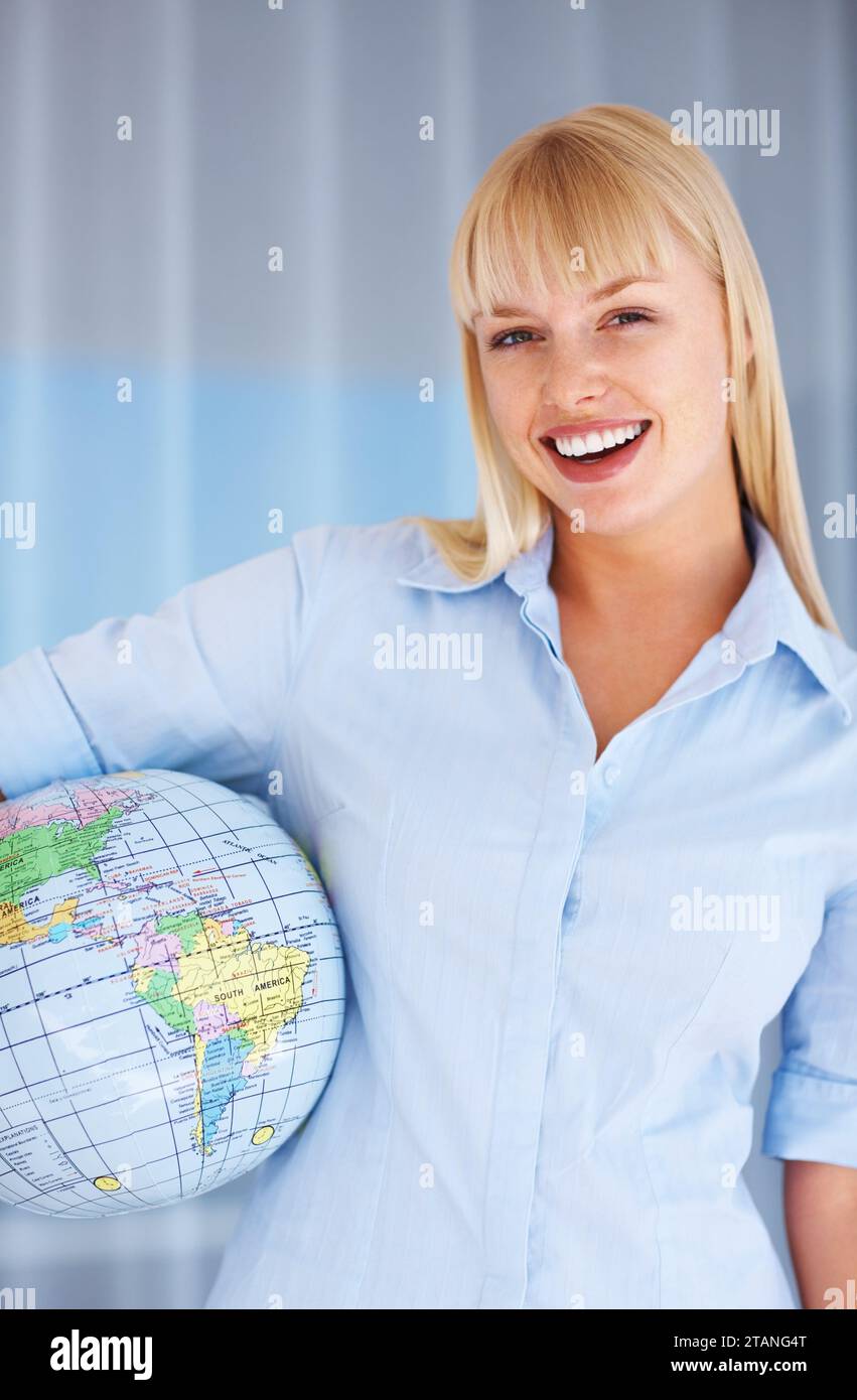 Woman, portrait and earth as business professional growth, mindset ...