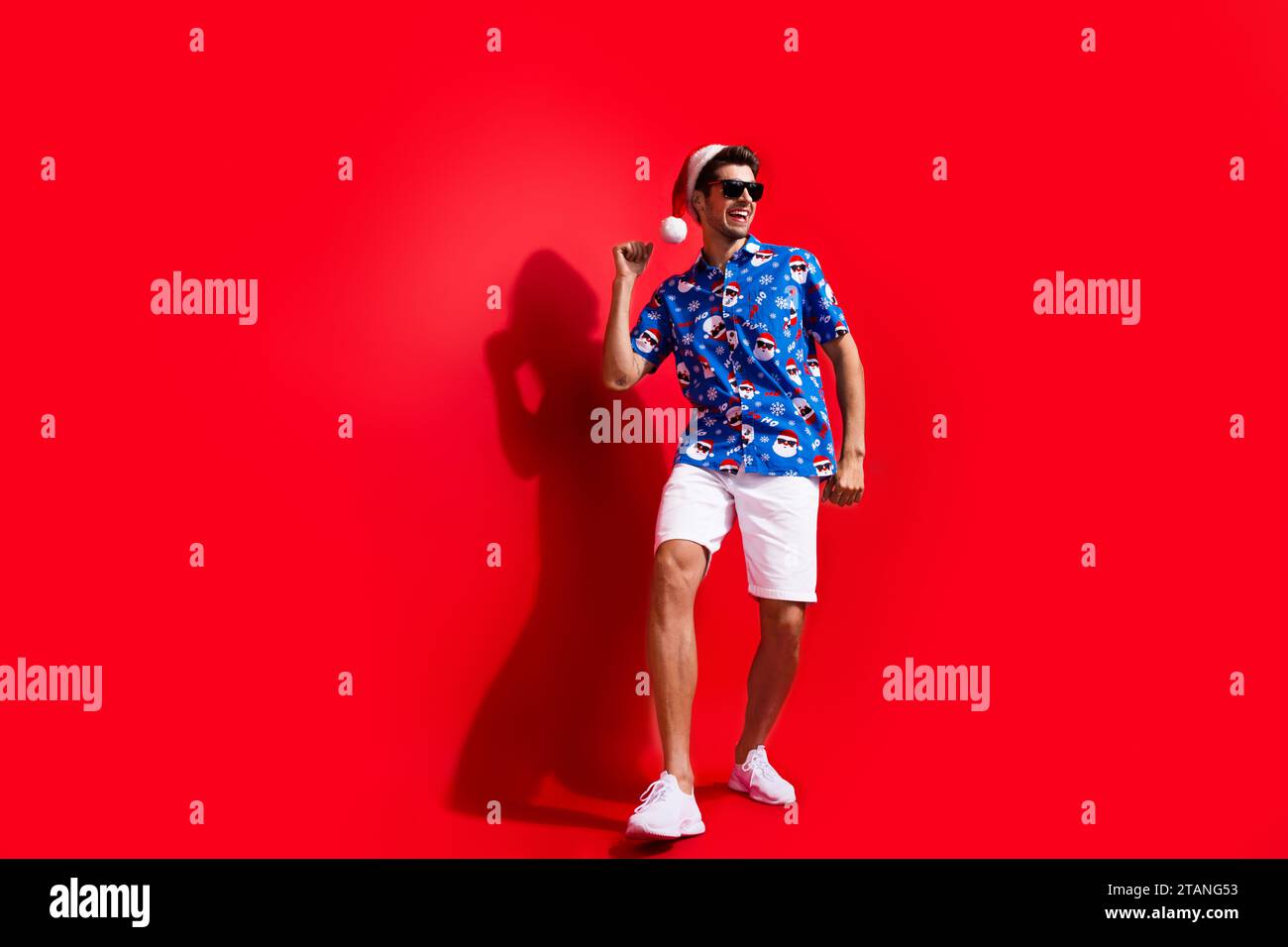 Full body photo of handsome young guy energetic dancer dressed santa ...