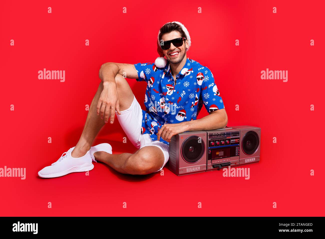 Full body photo of handsome young guy listen music boom box dressed ...