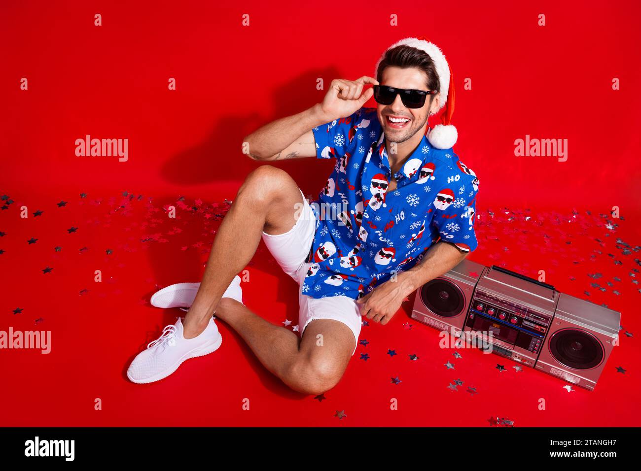 Full length photo of nice young male cool party boom box sunglass ...