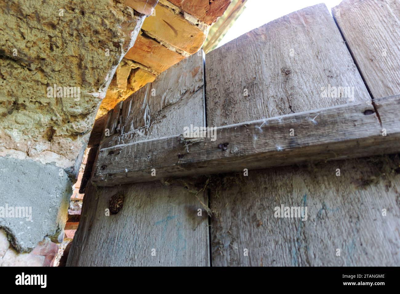 corner of an old wooden plank door slightly open Stock Photo - Alamy
