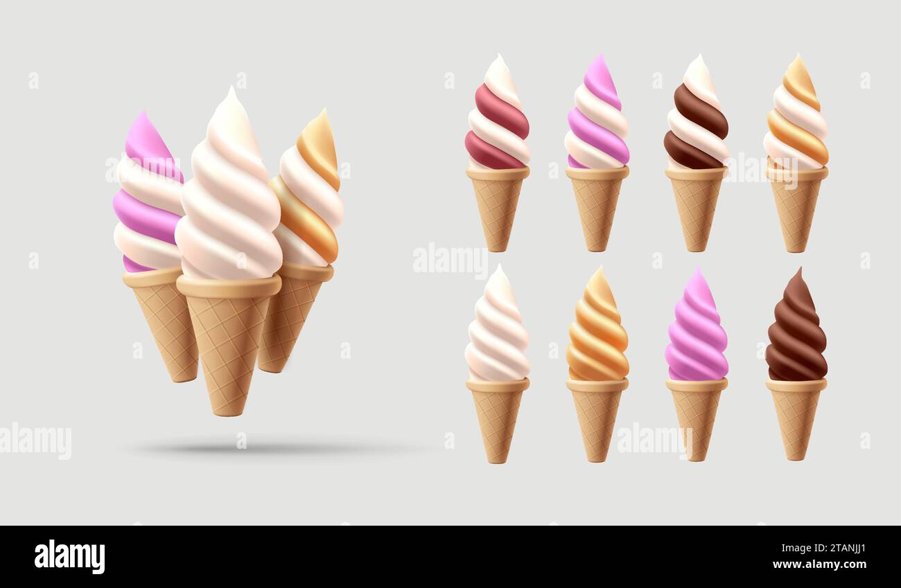 Realistic soft ice cream in waffle cone set. Soft serve ice cream, 3d ...