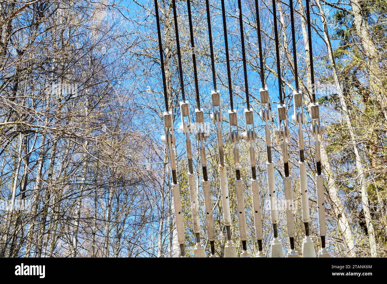 metal bridge support rods on the background of tree branches and blue ...