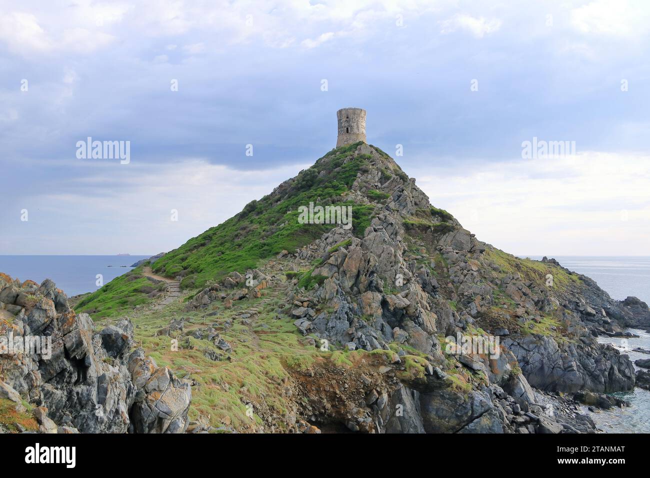 Aerial view of the remains of the Genoese Tower of La Parata built on ...