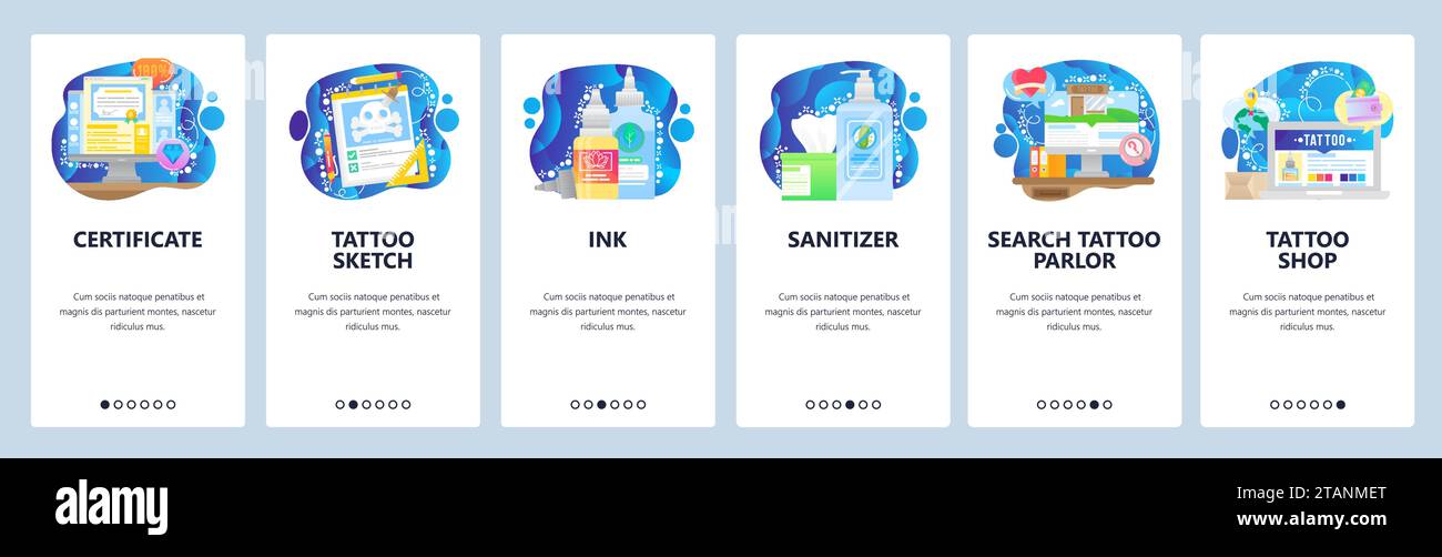 Tattoo shop certificate, tattoo sketch, ink, sanitizer. Mobile app ...