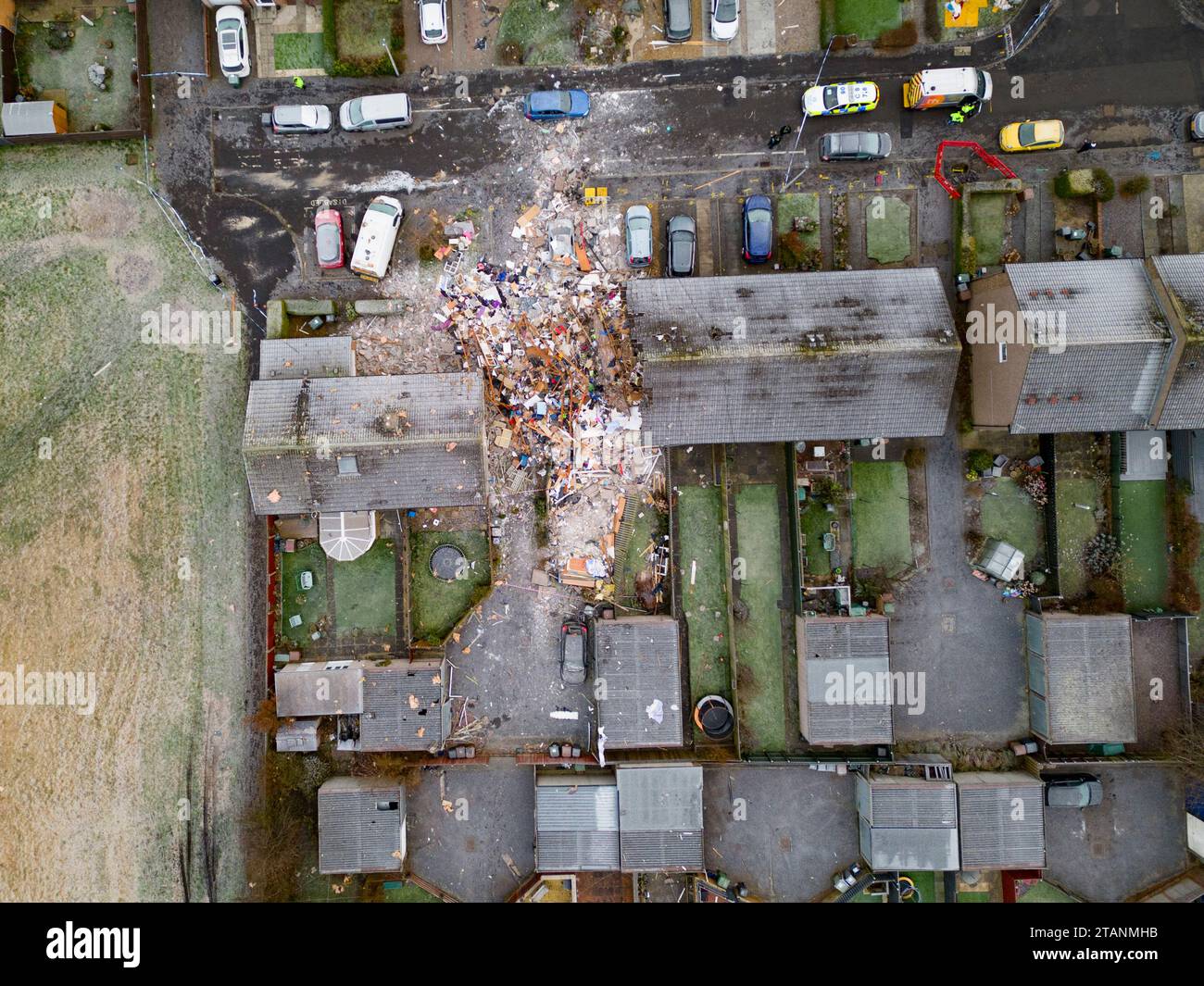 Aerial views of aftermath of fatal gas explosion at house in Baberton ...