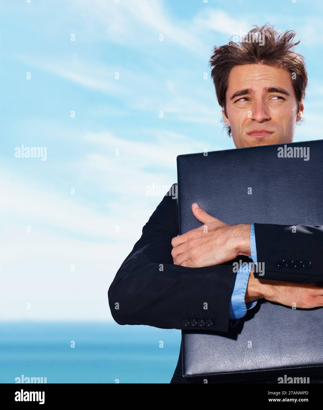 Travel, stress and business man with briefcase at beach with fear, risk ...