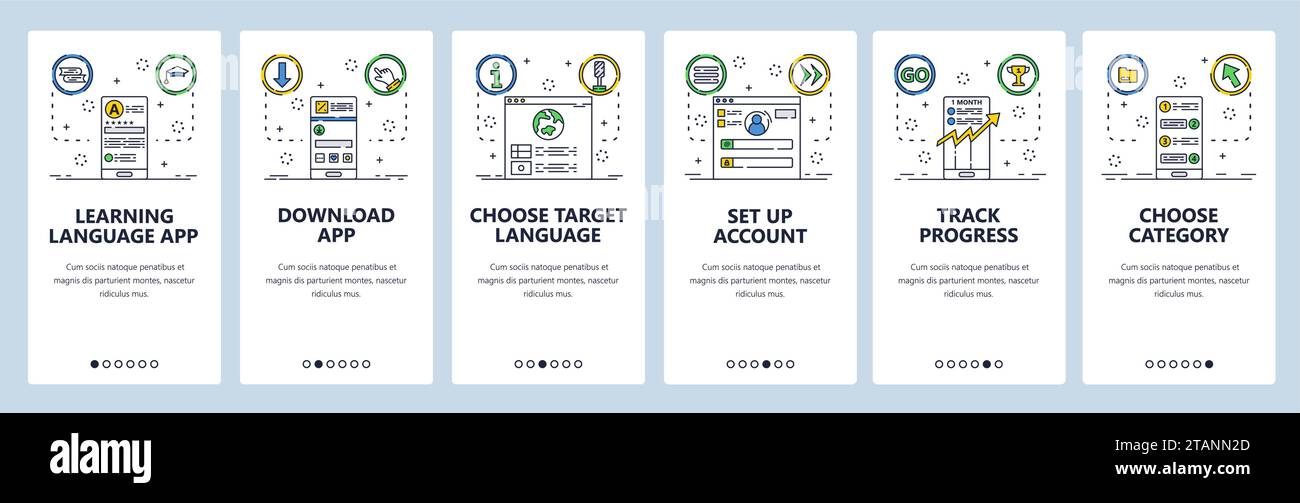 Language learning website and mobile app onboarding screens vector template Stock Vector Image ...
