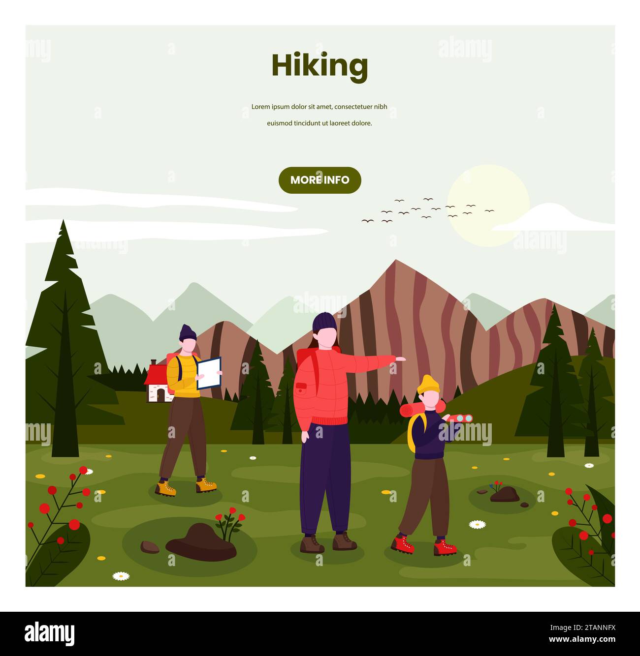 Hiking vector web banner template. Tourists family characters with backpacks going hiking, retro ...