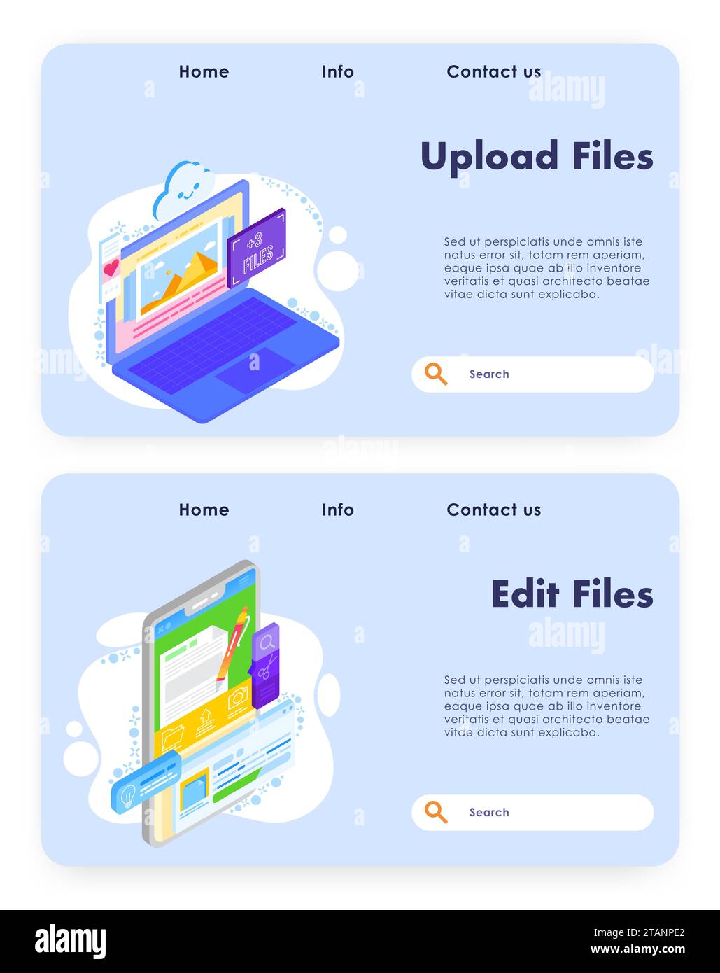 Upload files vector website landing page template set Stock Vector ...