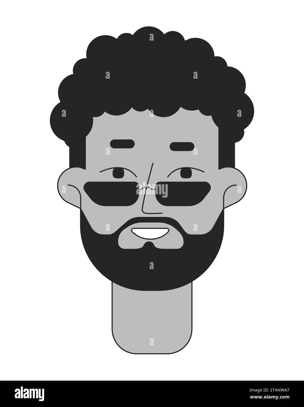 Bearded man sunglasses black and white 2D vector avatar illustration ...
